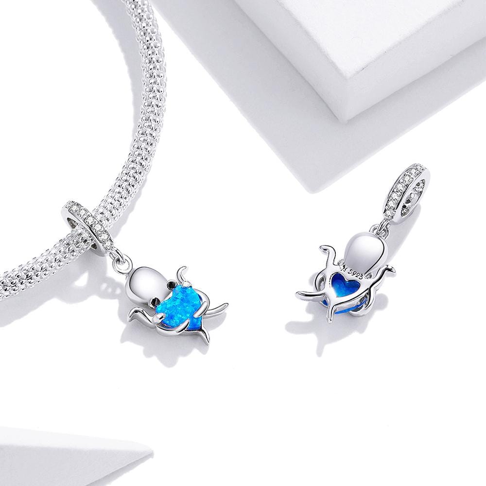 Solid 925 Sterling Silver Little Octopus feat. Blue Blazing Heart ...